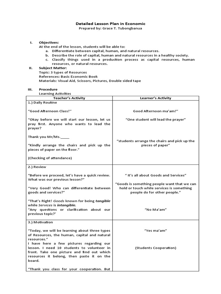 Detailed Lesson Plan in Economic: I. Objectives | PDF | Lesson Plan ...