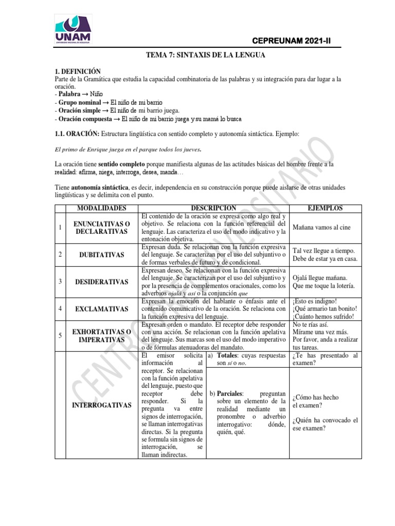 Tema 7 Sintaxis de La Lengua Española | PDF | Oración (Lingüística) | Asunto (gramática)