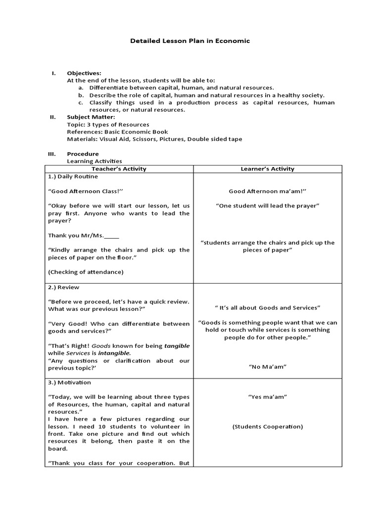 Detailed Lesson Plan in Economic: I. Objectives | PDF | Lesson Plan ...