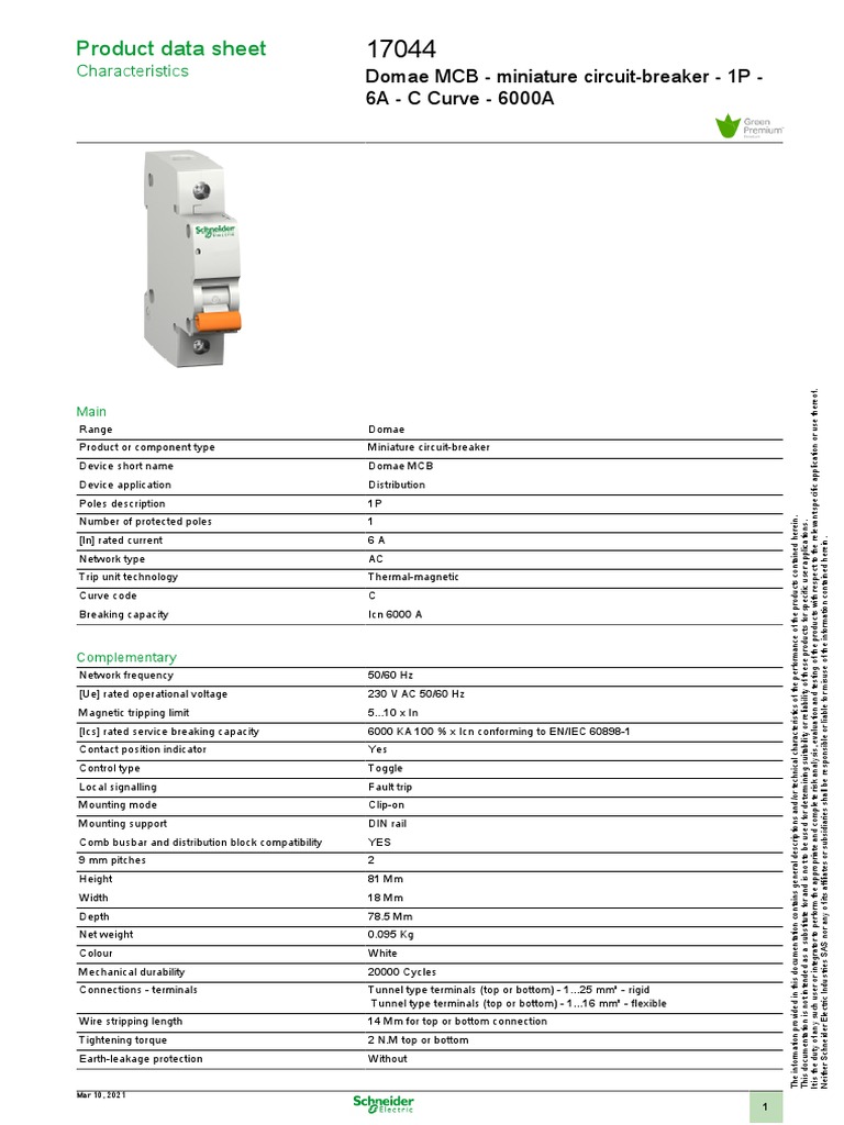 Product Data Sheet: Domae MCB - Miniature Circuit-Breaker - 1P - 6A - C ...