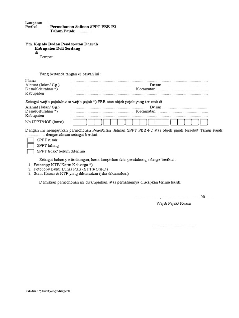 Form Permohonan Salinan SPPT PBB-P2 | PDF