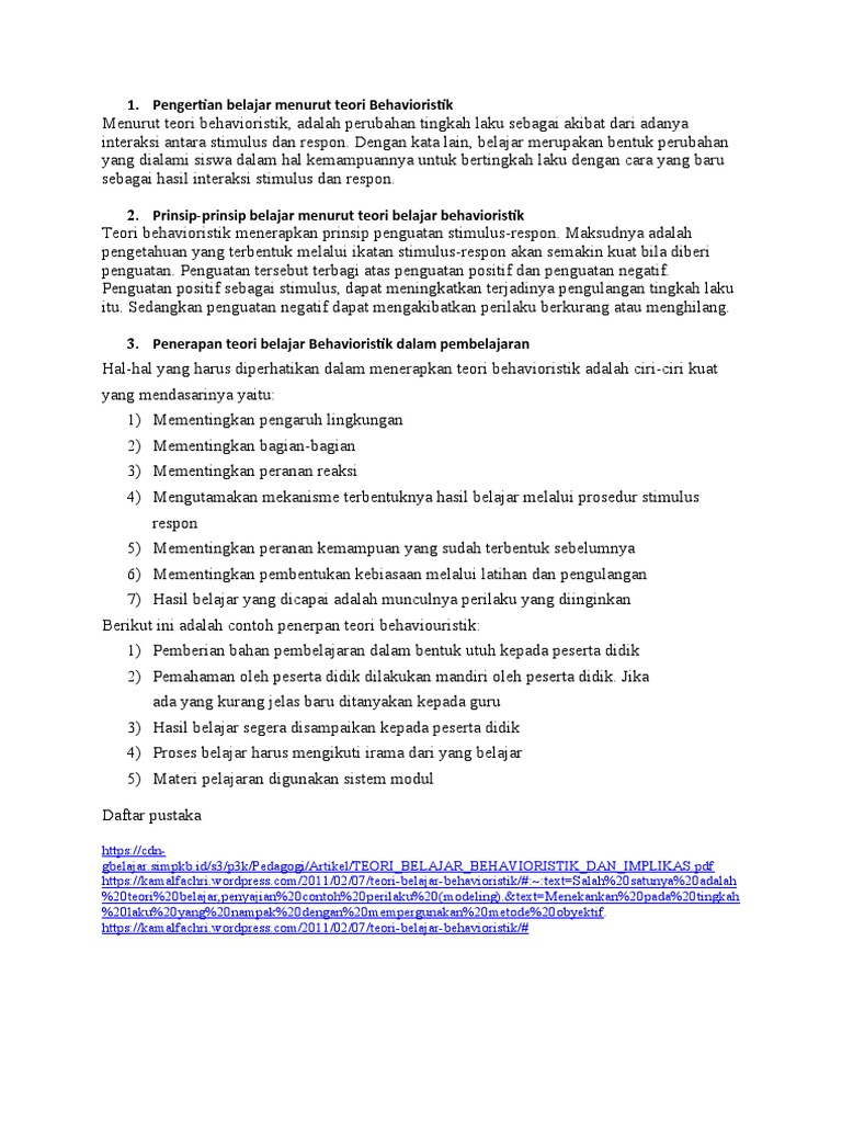 Pengertian Belajar Menurut Teori Behavioristik | PDF
