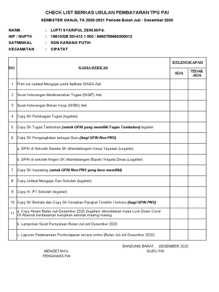 Daftar Ceklis Berkas & Cover TPG | PDF