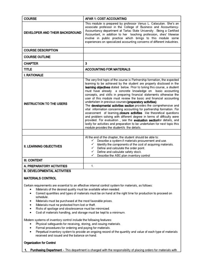 Afar 1 Module On Accounting For Materials | PDF | Discounts And ...