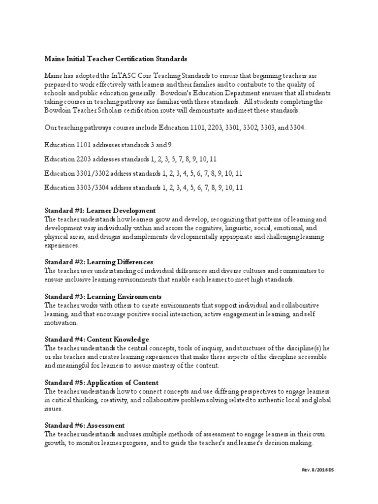 Maine Initial Teacher Certification Standards and Course Alignment ...