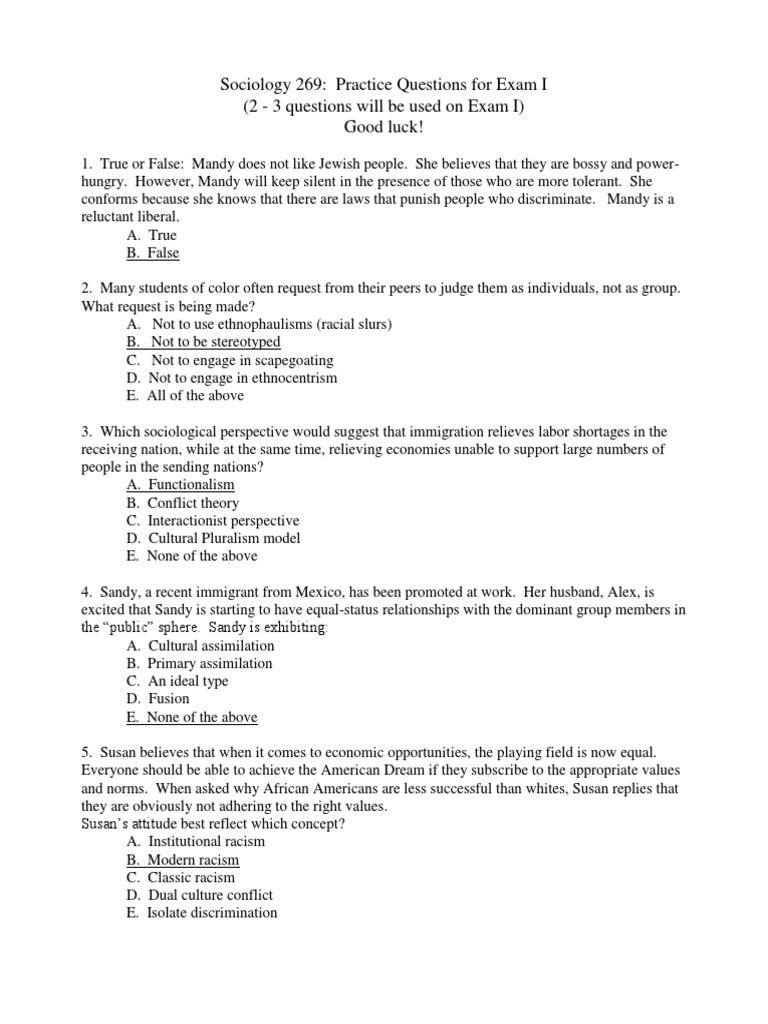 Sociology Exam I Practice Questions | PDF | Prejudices | Cultural ...