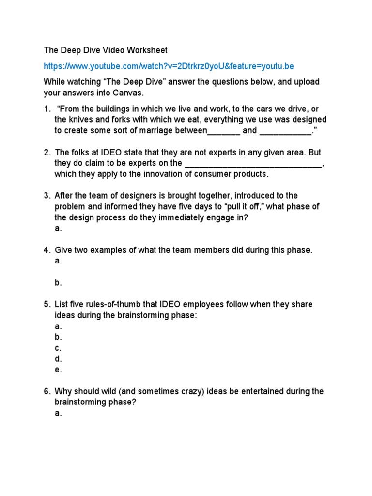 IDEO Deep Dive Video Worksheet | PDF | Brainstorming | Design