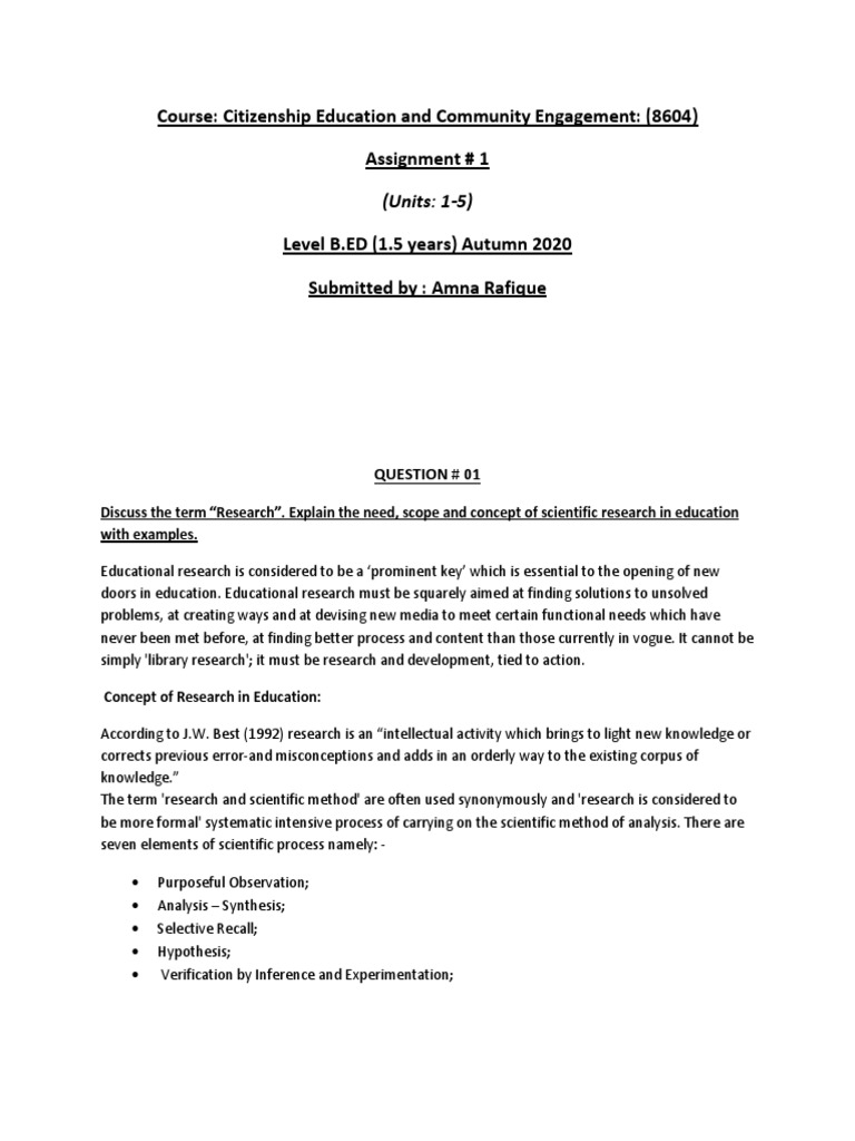 Course: Citizenship Education and Community Engagement: (8604) Assignment # 1 | PDF | Experiment ...