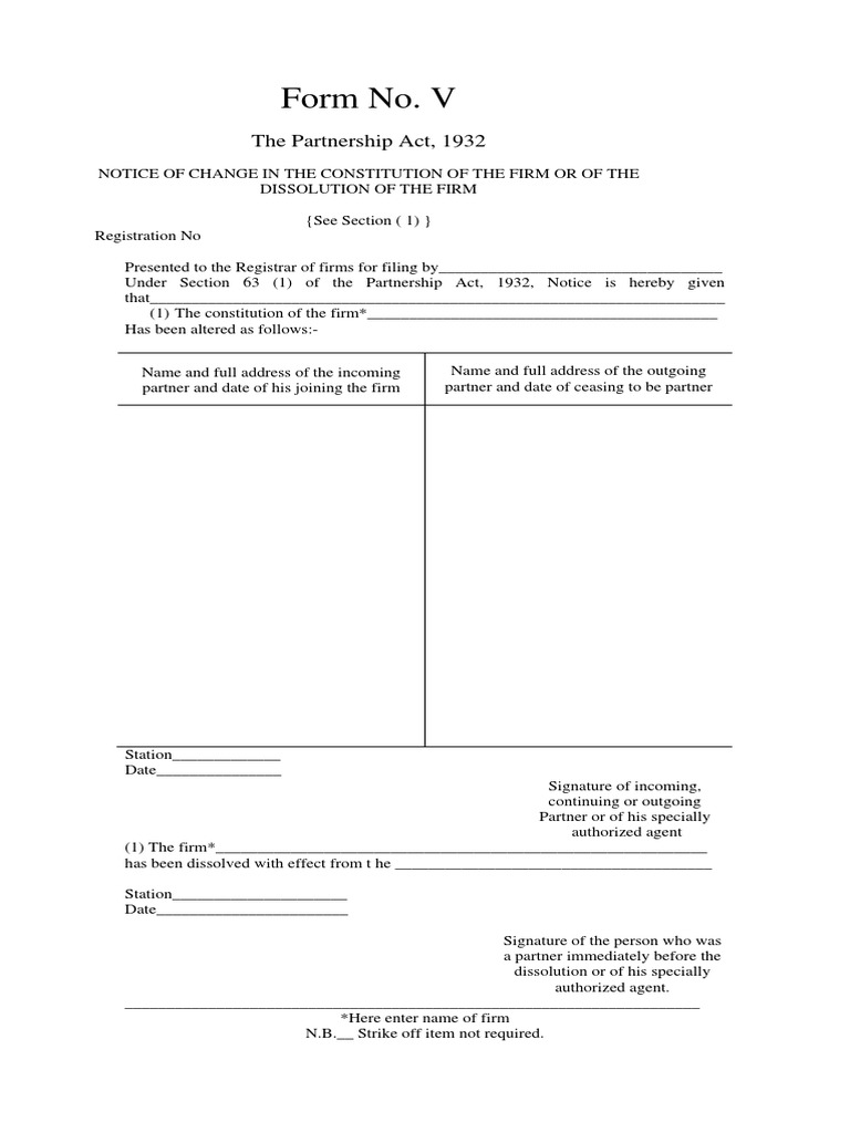 Form No. V: The Partnership Act, 1932 | PDF