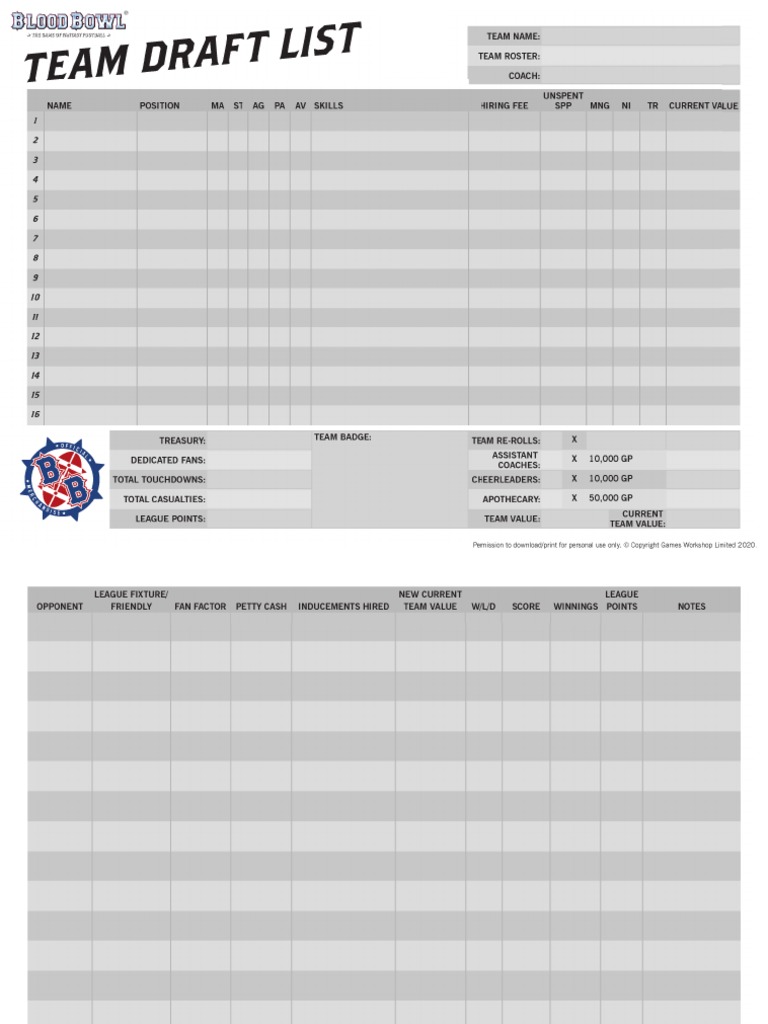 Blood Bowl Draft List | PDF