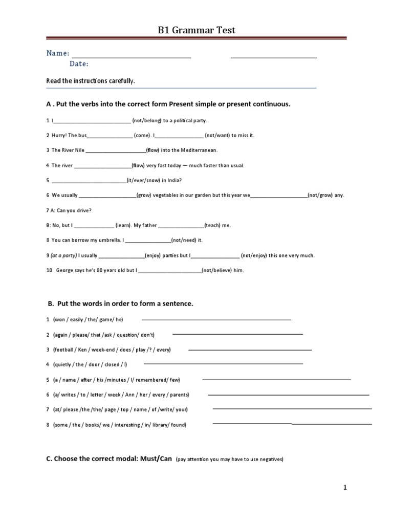 B1 Grammar Test | PDF | Grammar | Linguistic Morphology