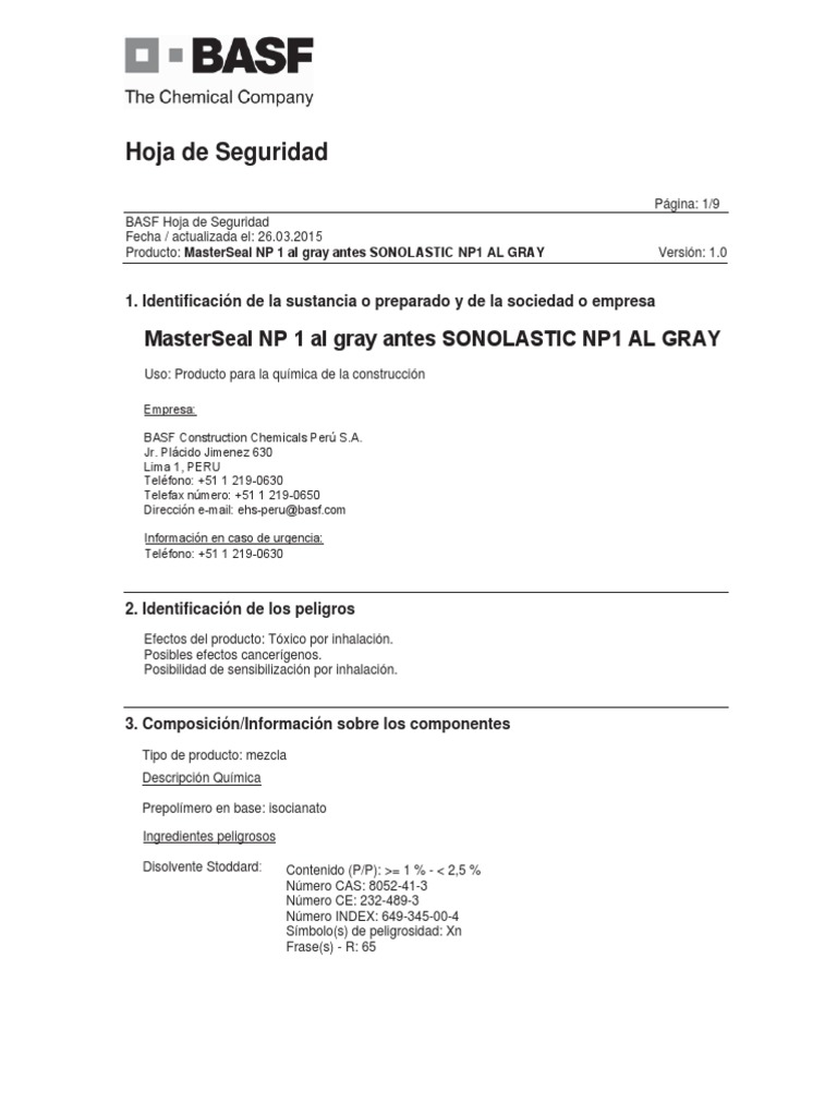 HOJA DE SEGURIDAD MSDS - MasterSeal NP 1 | PDF | Toxicidad | Contaminación