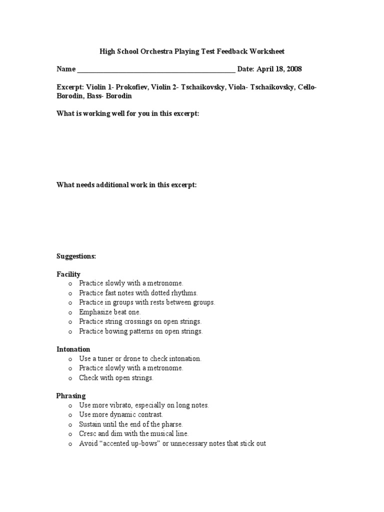 Orchestra Playing Test Feedback Rubric | PDF | Violin | String Instruments