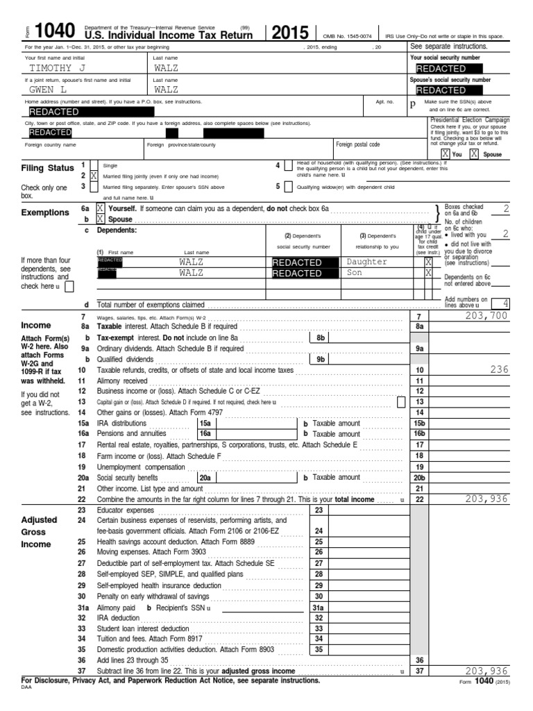 Gov. Walz 2015 Tax Returns - Redacted | PDF | Taxation In The United ...