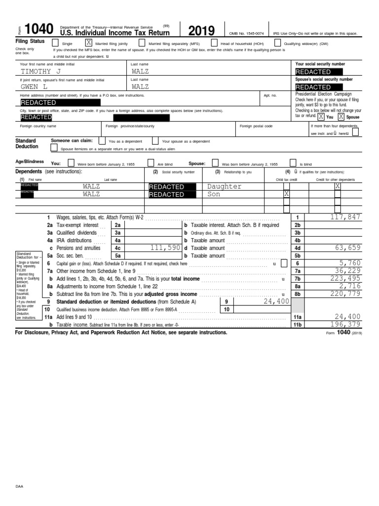 Gov. Walz 2019 Federal Tax Return - Redacted | PDF | Irs Tax Forms ...