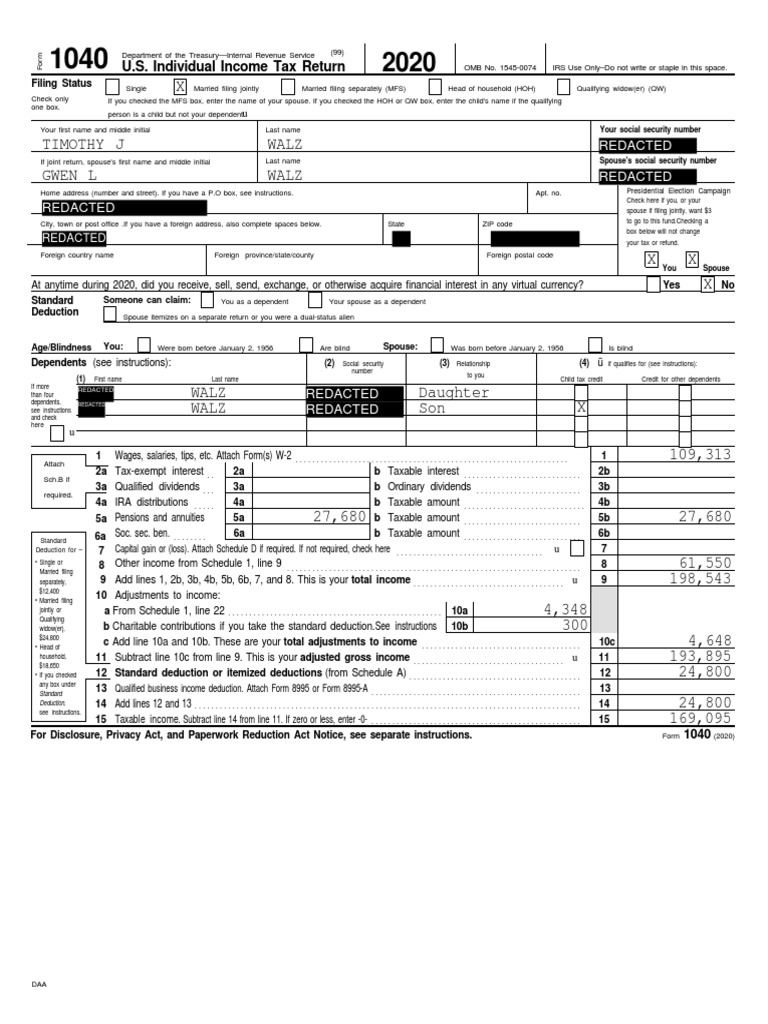 Gov. Walz 2020 Tax Returns - Redacted | PDF | Tax Refund | Irs Tax Forms