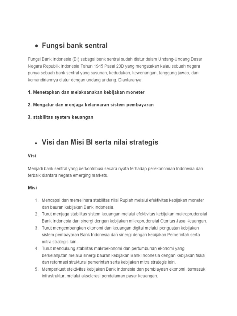 Fungsi Utama Bank Sentral Indonesia | PDF | Pengelolaan Keuangan & Uang