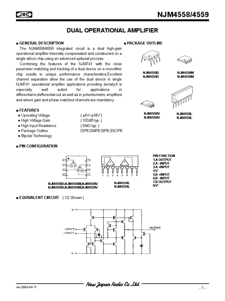 Dual Operational Amplifier Data Sheet: NJM4558/4559 | PDF | Operational ...