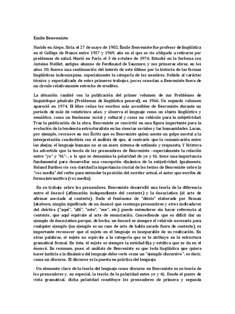 Émile Benveniste | PDF | Lingüística | Comunicación humana