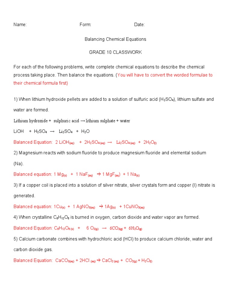 Balancing Equations Class Exercise ANSWER KEY | PDF