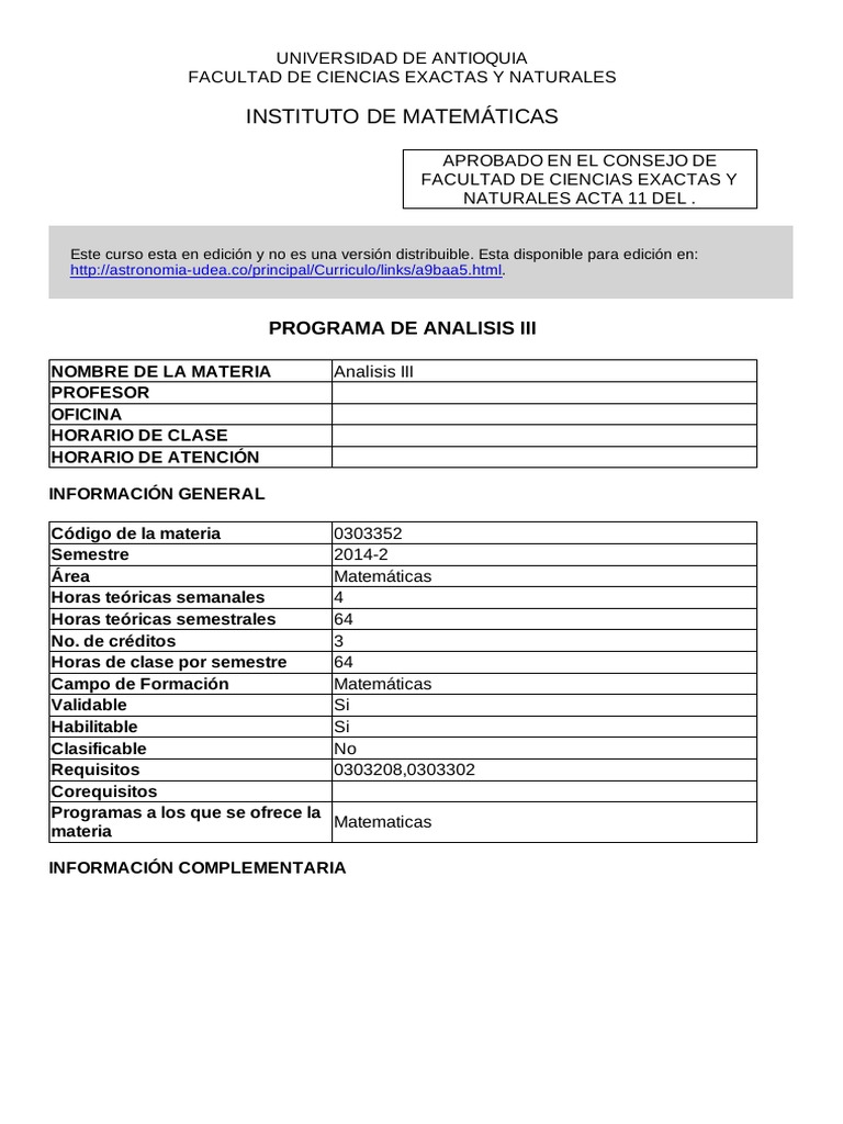 Instituto de Matemáticas: Programa de Analisis Iii | Descargar gratis PDF | Integral | Derivado