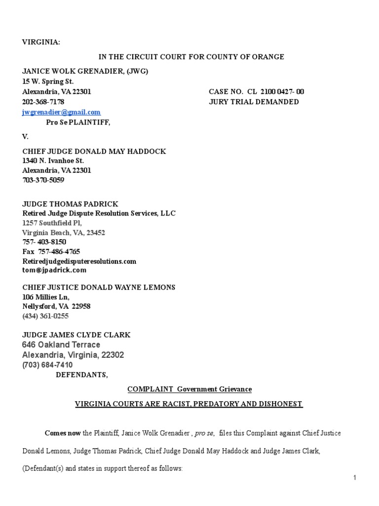 Orange Virginia Complaint Final 11aprl 21 | PDF | Judge | Defamation