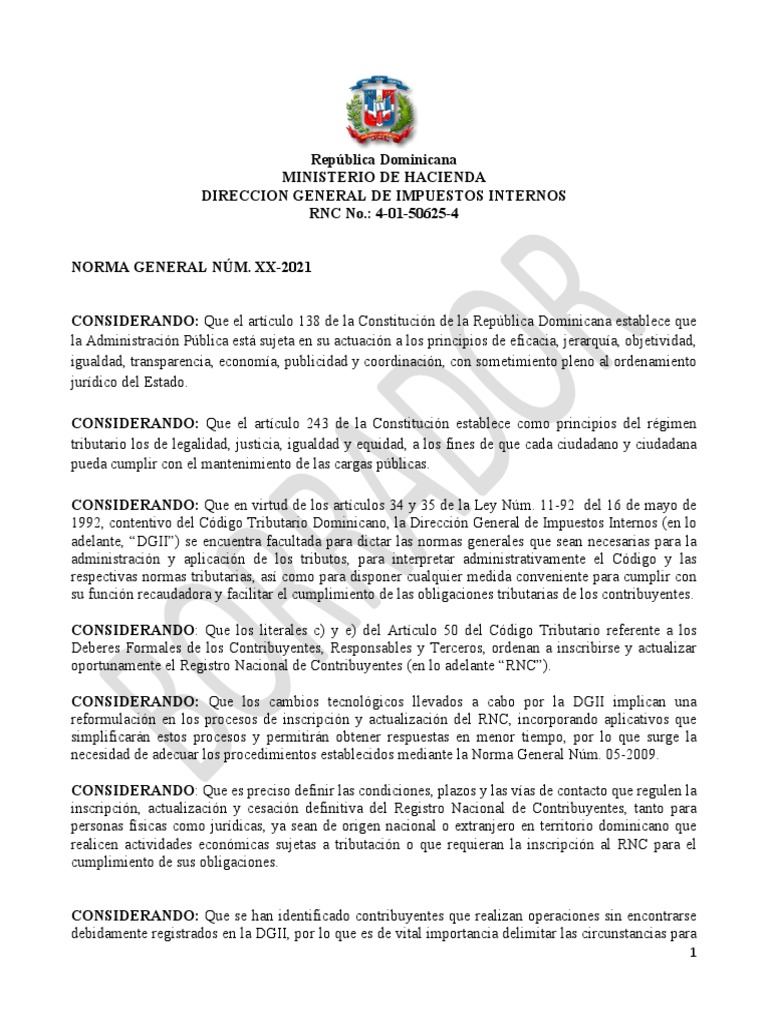 Borrador Norma General Sobre El Registro Nacional de Contribuyentes RNC ...