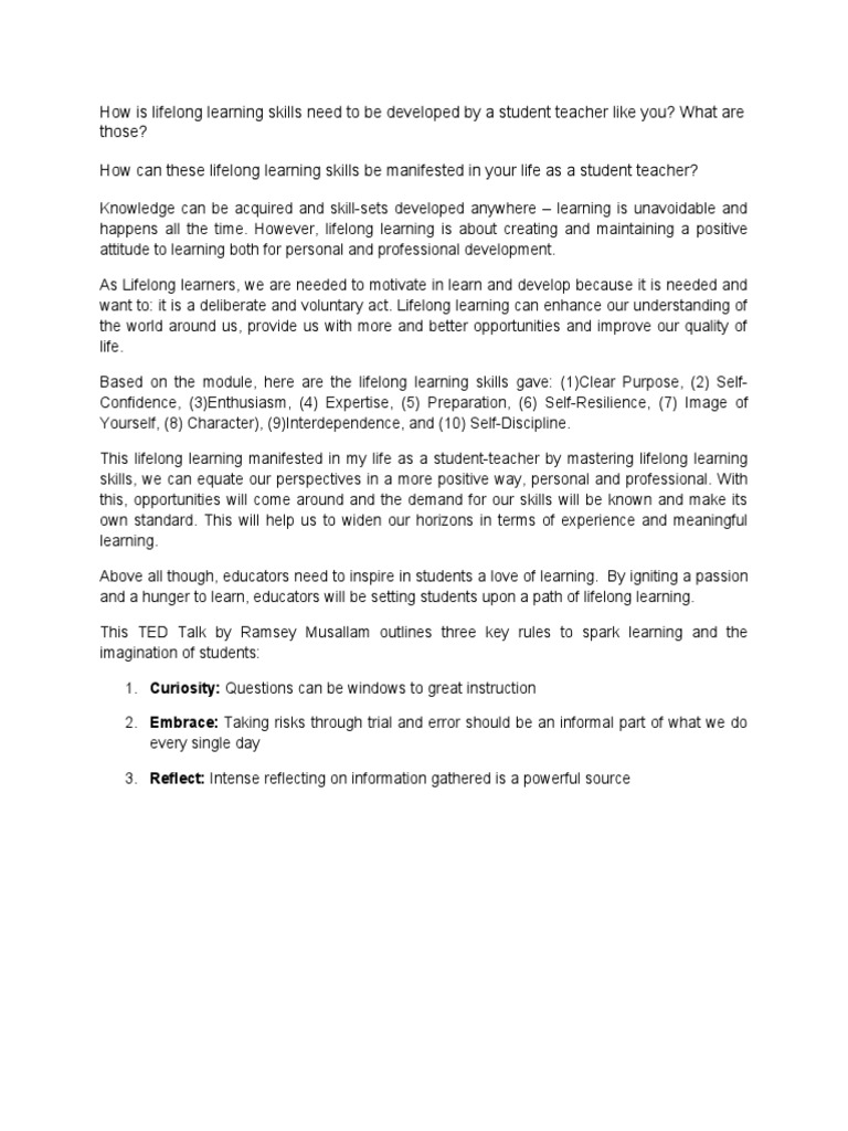 Lifelong Learning Skills for Student Teachers | PDF | Lifelong Learning ...