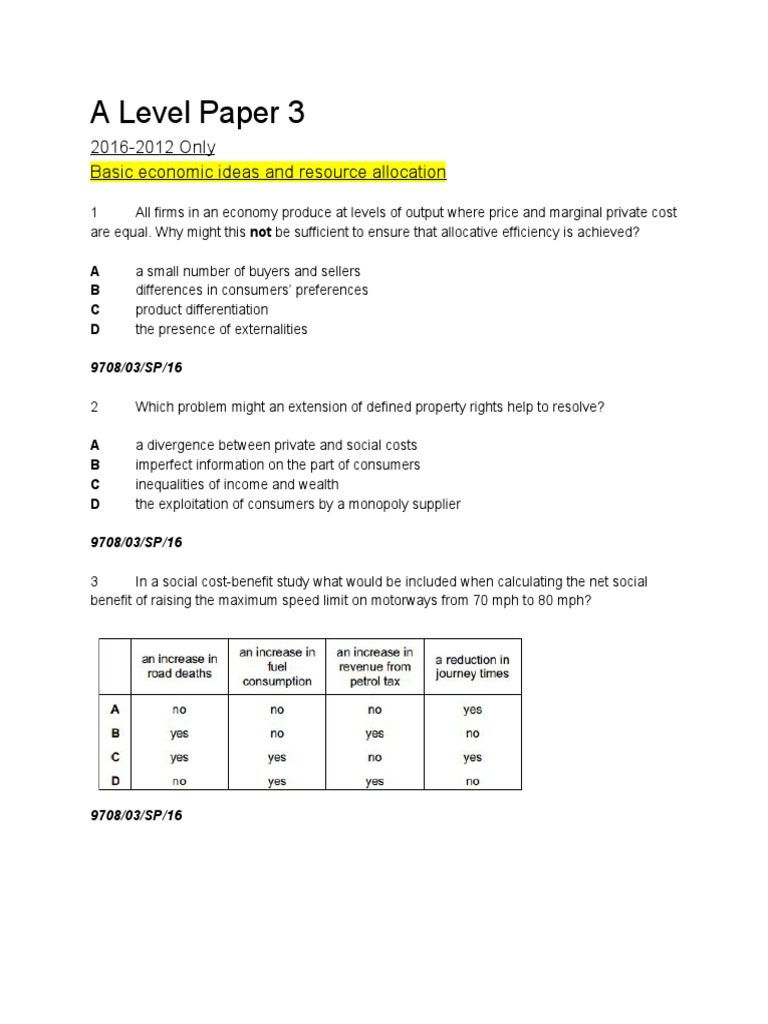 A Level Paper 3: 2016 2012 Only Basic Economic Ideas and Resource ...