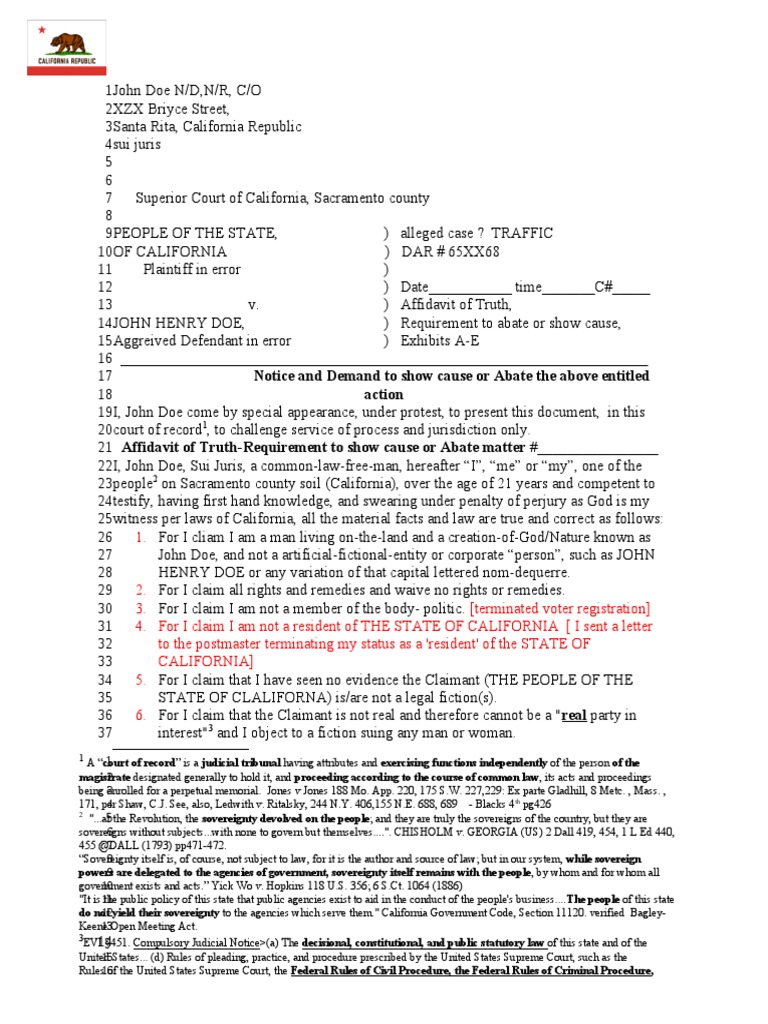 Notice and Demand To Show Cause or Abate The Above Entitled Action ...