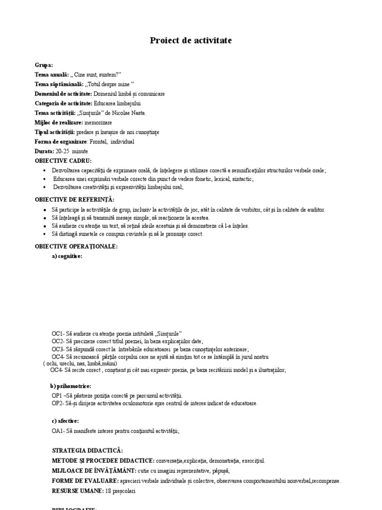 Proiect de Activitate - Simturile | PDF