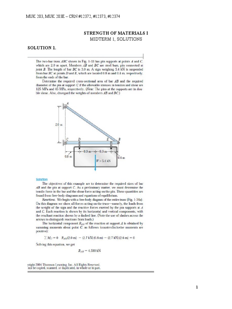 Strength of Materials Midterm 1 Solutions | PDF