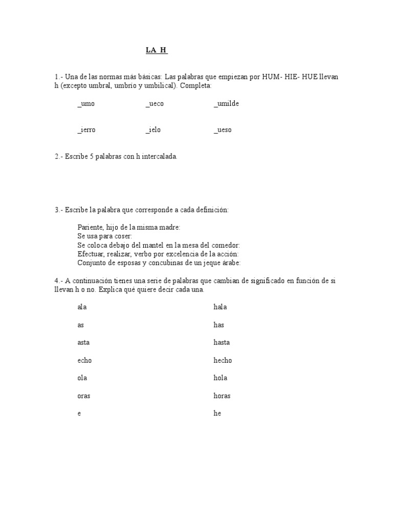 Ejercicios de Ortografía con H | PDF