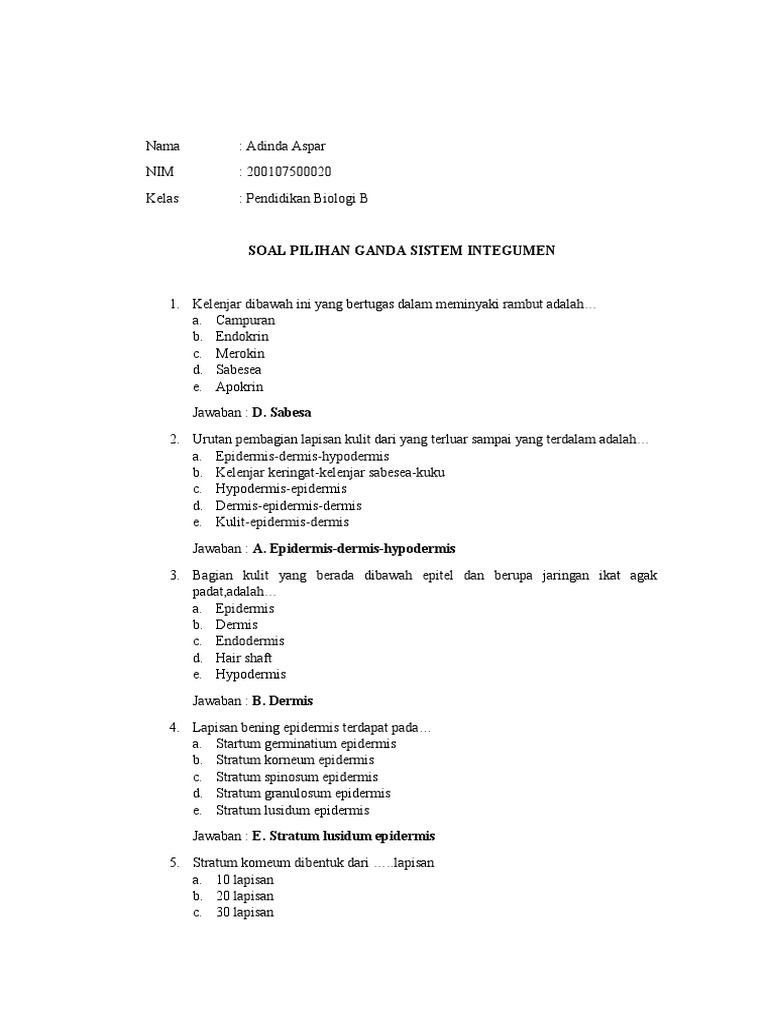 Soal Pilihan Ganda Integumen | PDF