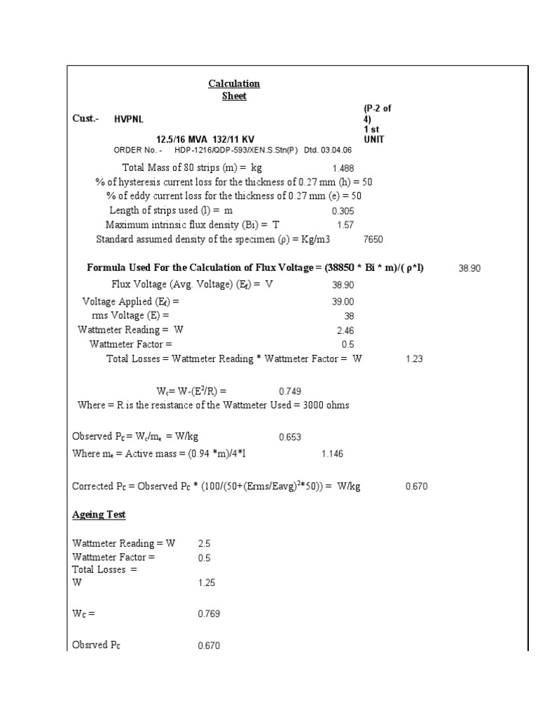 Transformer Loss Calculation Sheet | PDF | Metrology | Force