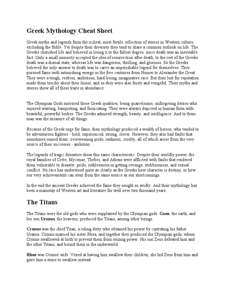 Greek Mythology Overview Cheat Sheet | PDF | Zeus | Greek Mythology