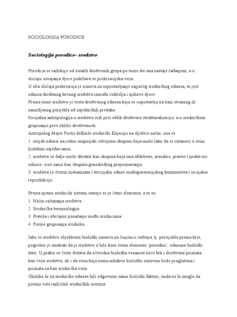 Sociologija Porodice - Srodstvo | PDF