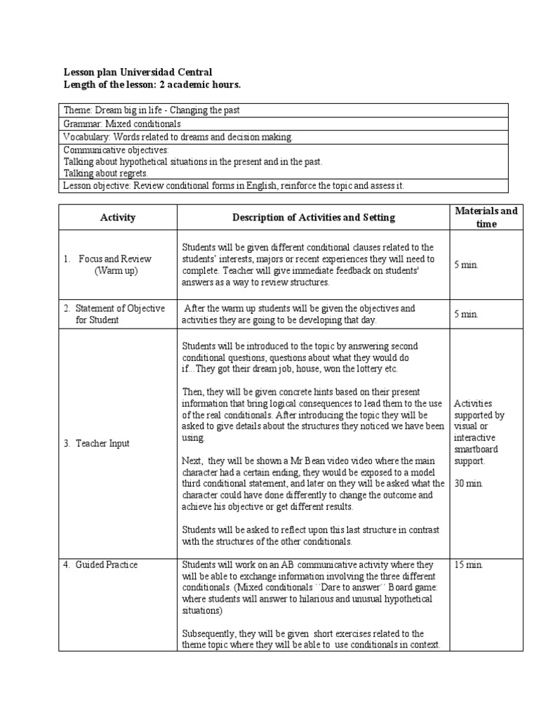 Lesson Plan Mixed Conditionals | PDF | Question | Lesson Plan