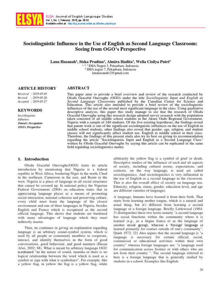 Sociolinguistic Influence in The Use of English As A Second Language (ESL) Classroom: Seeing ...