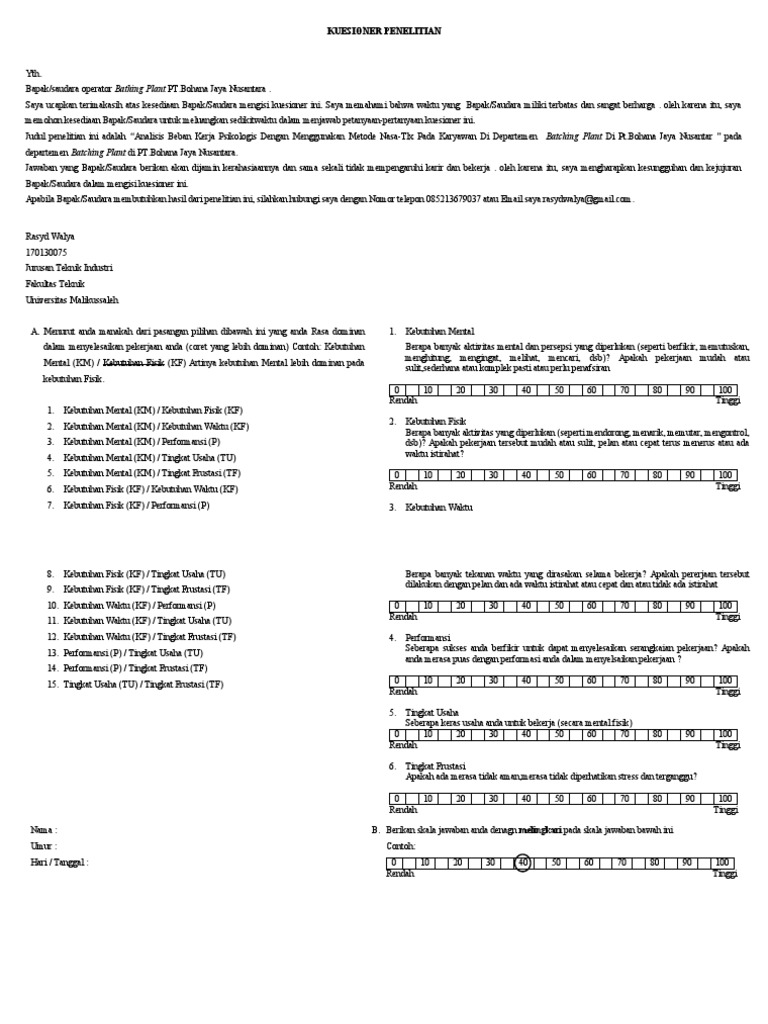 Kuesioner Penelitian Nasa-Tlx | PDF