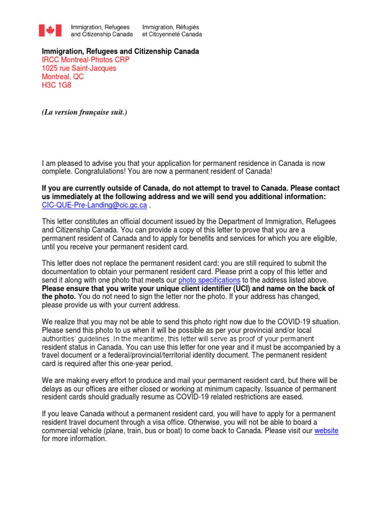 Letter of Confirmation of PR Status FR | PDF | Immigration Law ...