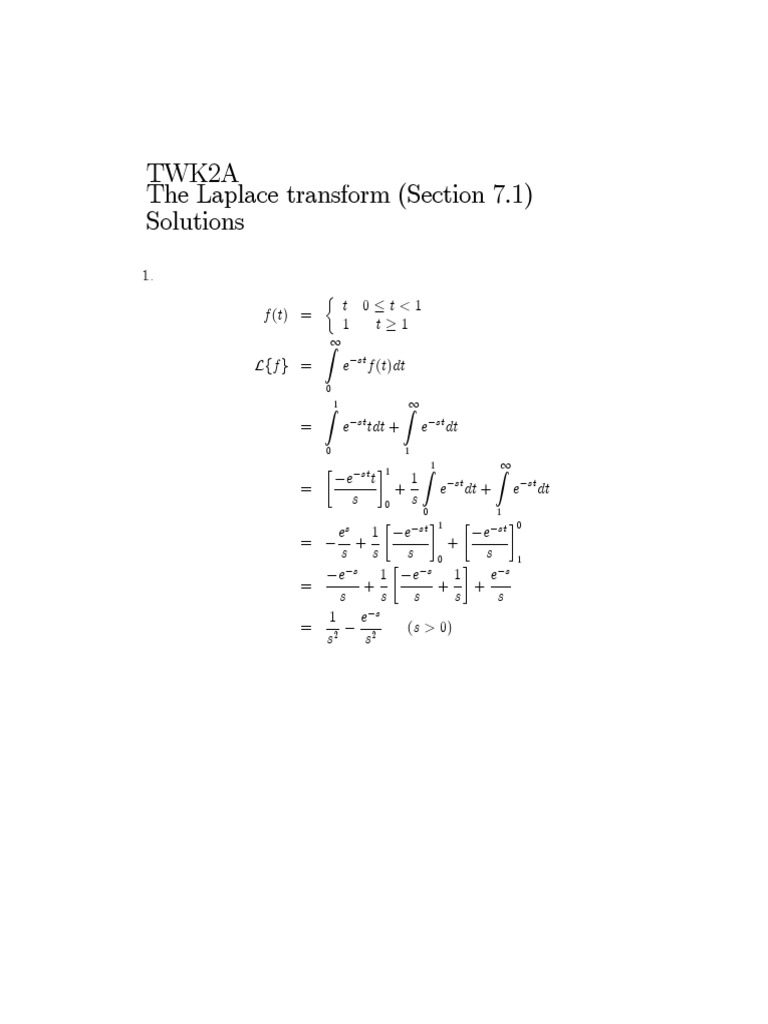 Twk2A The Laplace Transform (Section 7.1) Solutions | Download Free PDF | Mathematical Objects ...