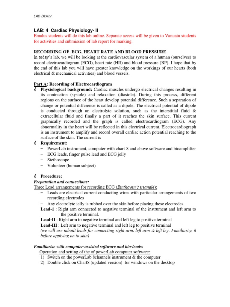 Lab 4 Handout Cardiac Physiology II (ECG BP HR) | PDF | Blood Pressure ...