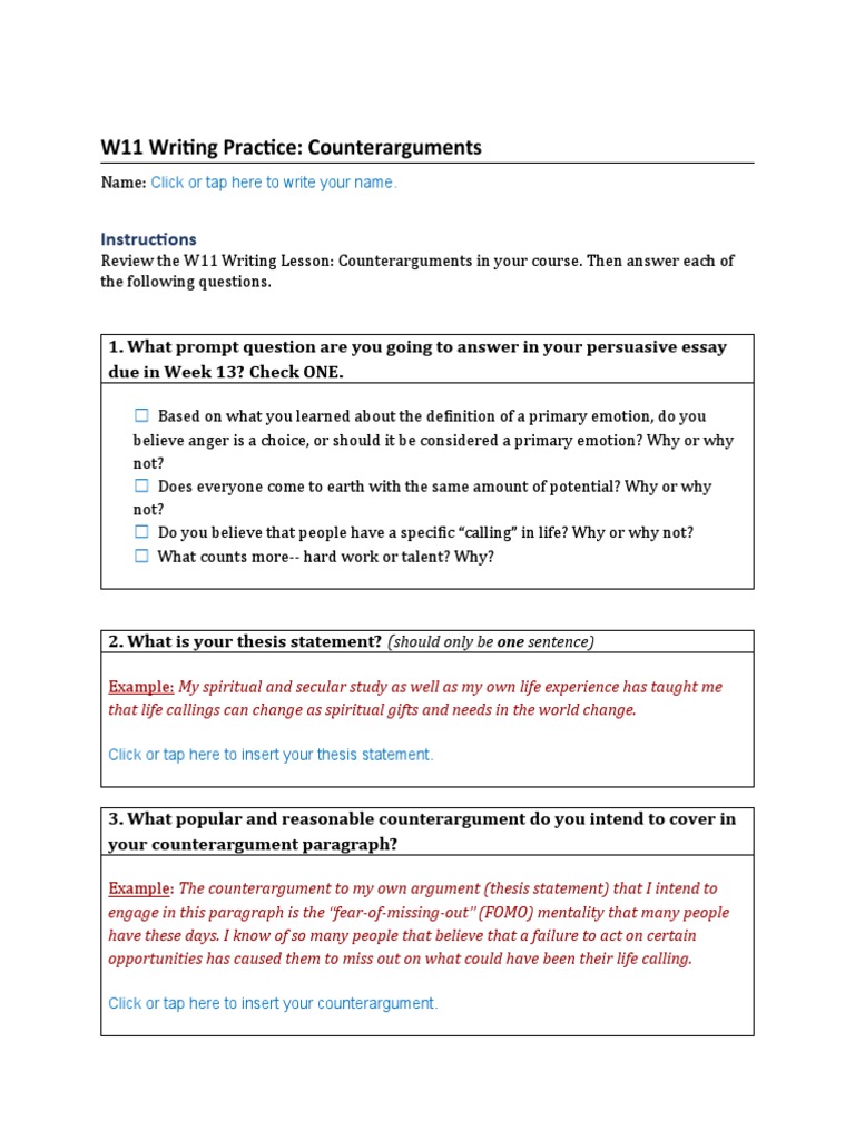 W11 Writing Practice: Counterarguments: Instructions | PDF