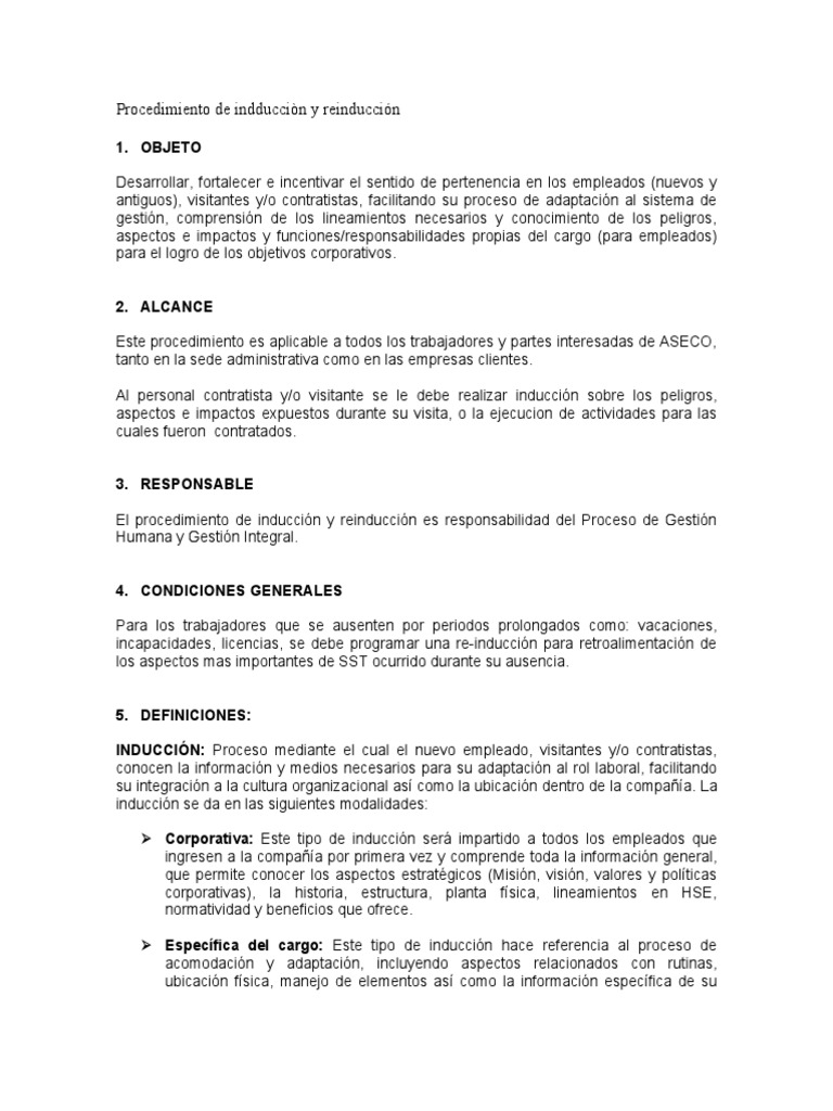 Procedimiento de inducción y reinducción | PDF | Razonamiento inductivo | Business