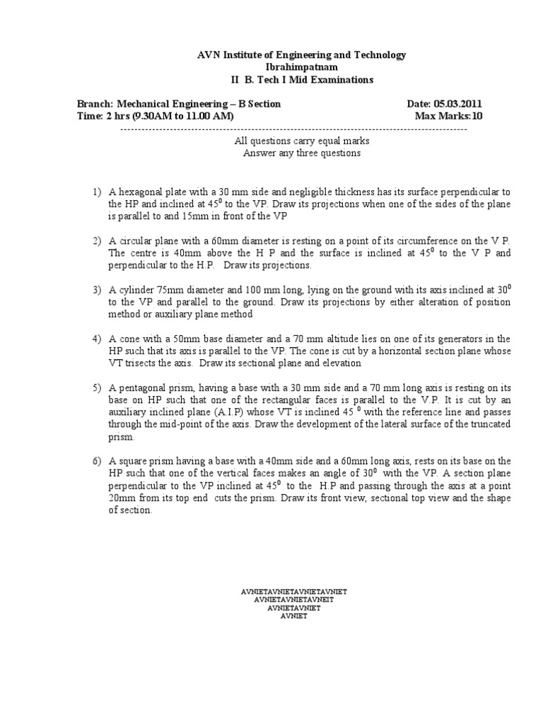 B.Tech Engineering Drawing Exam Papers | PDF | Space | Geometric Shapes