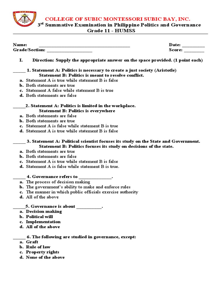 Grade 11 PPG Summative Exam Guide | PDF | Governance | Policy