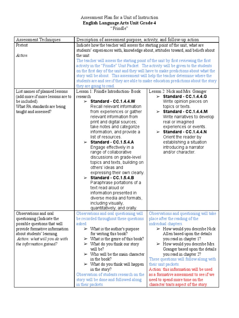 Frindle Assessment Plan 1 | PDF | Educational Assessment | Reading ...