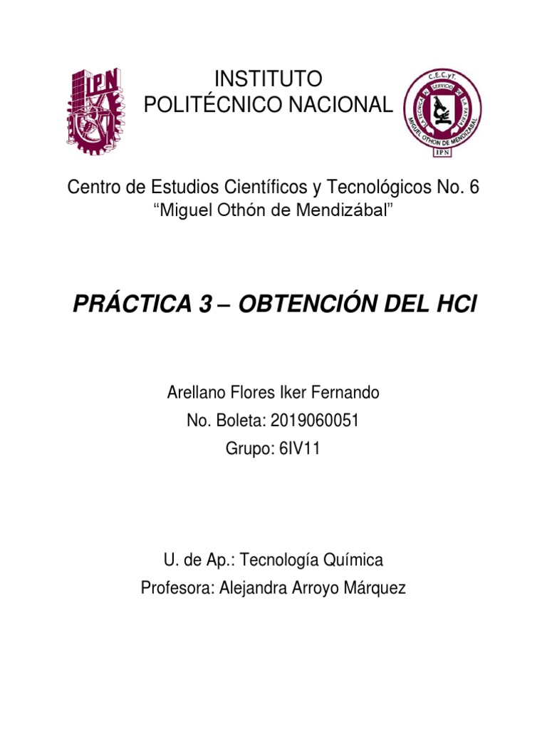 Práctica 3-Obtención Del HCl_Arellano Flores Iker_6IV11 | PDF | Ácido clorhídrico | Mole (Unidad)