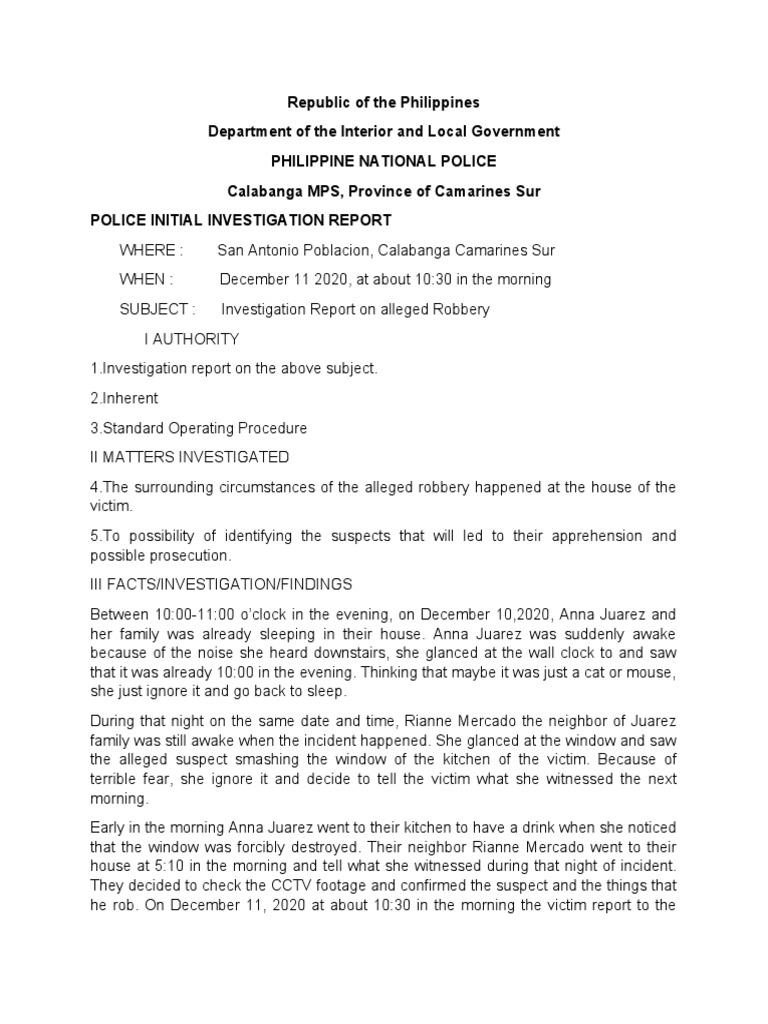Initial Robbery Investigation Report | PDF